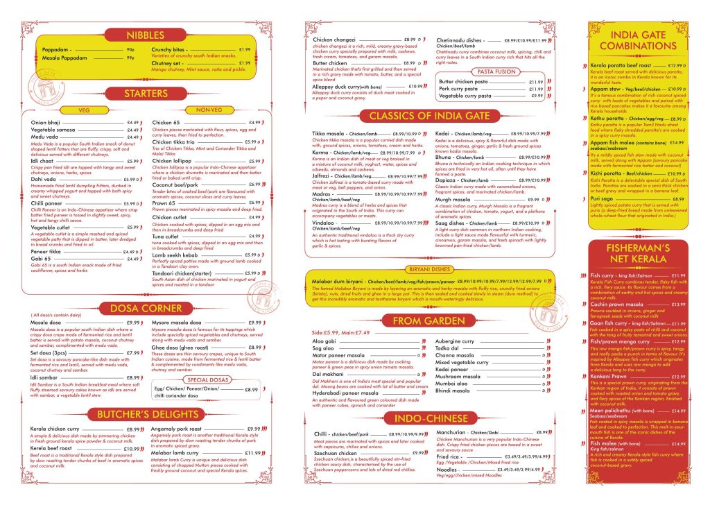 Dine In Menu – India Gate Bridgwater